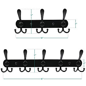 LotFancy Wall Mounted Coat Rack, Black Coat Hooks for Wall, 3 and 5 Tri Hooks, Stainless Steel Heavy Duty Metal Hook Rail for Coats, Hats, Towels, Handbags, for Kitchen, Mudroom, Entreway
