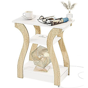 FROMJBEST End Table with Charging Station, Side Table with USB Ports and Outlets, Nightstand, 3 Tier End Table with Storage Shelf for Living Room, Bedroom (White)