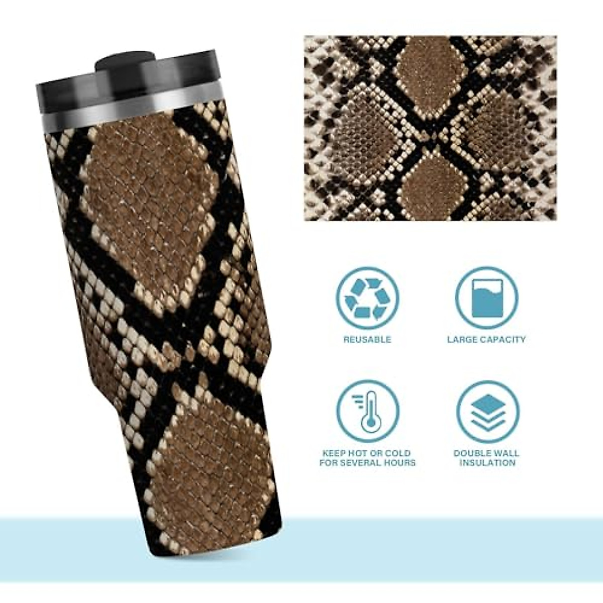 Yasala Car Tumbler with Handle Fancy Snakeskin Brown Travel Mug Coffee Cup Insulated Beverage Container Mega Cup for Hot Cold Drinking Thermos Water Bottle Cupholder Friendly 40 oz