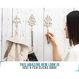 Shabby Chic Decorative Wall Hooks - Set of 3 - Cast Iron French Country Wall Decor - Farmhouse Hangers for Coats, Purses and More - Rustic White