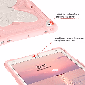 DUEDUE for iPad 10.2 9th/8th/7th Generation Case 2021/2020/2019, Butterfly Wings Kickstand with Pencil Holder Heavy Duty Rugged Shockproof Case for New Apple iPad Air 3 10.5, Beige/Pink