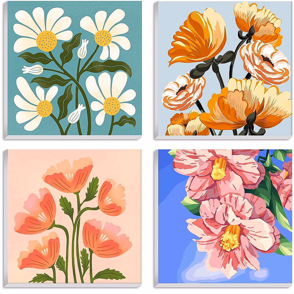 Amphol Flowers Paint by Number for Adults Canvas Framed, 4 Pack 10"x10" Easy Framed Paint by Number Kits for Beginner Kids, DIY Simple Flowers Acrylic Oil Painting Number Kits with Frame