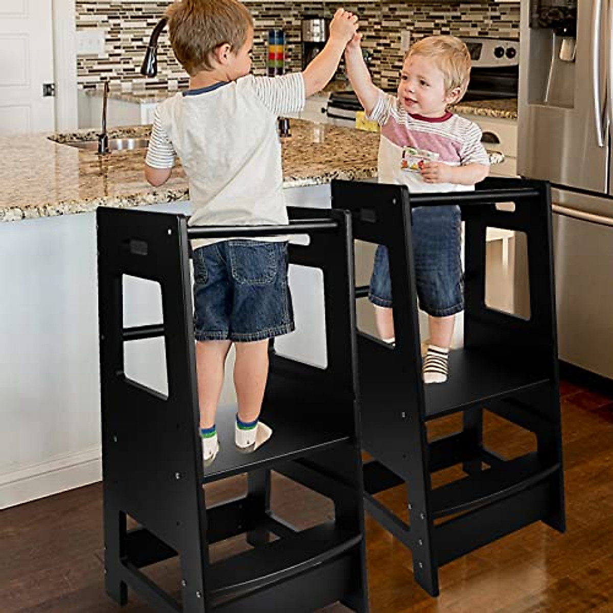 ACEHOME Toddler Kitchen Stool, Toddler Tower with Safety Rail, Toddler Stool for Kitchen Counter, Adjustable Height Little Helper Tower, Kitchen Stool for Toddlers 18 Months and Older, Black
