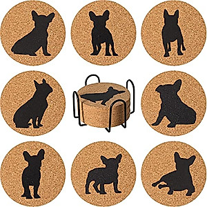 Set of 8 French Pit Bull Cork Drink Coasters Absorbing Dog Coasters Fun Frenchie Gifts for Women Kitchen Bar Coasters with Metal Holder for Home Kitchen Decor Table Mug Glass Cup Place Mats Dog Lovers