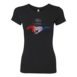 Ford Mustang Shirt USA Flag Mustang Emblem Cars and Trucks Womens Slim Fit Junior Tee, Black, Large