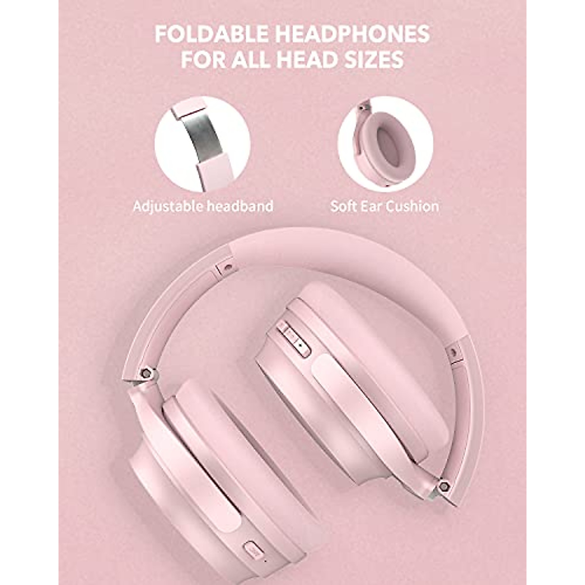 HROEENOI Active Noise Cancelling Wireless Bluetooth Over-Ear Headphones, Memory Foam Ear Cups, Quick Charge for 40H Playtime, Ideal for Travel, Home Office, Gym Workouts -Pink