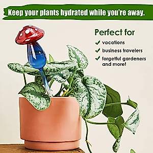 NiHome Mushroom Aqua Spike Self-Watering Bulb 2-Pack 10" Long Gradient Red Blue Hand-Blown Glass Globe Pot Plant Waterer for Home Indoor Outdoor Garden Patio Hanging Flower Automatic Irrigation System