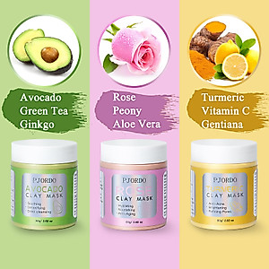 Pjordo Clay Mask Kit, Turmeric Vitamin C Clay Mask, Avocado Clay Mask, Rose Clay Mask, Facial Mask Skin Care Set for Deep Cleansing Reduce Blackheads Dark Spots, 2.82 Oz Each