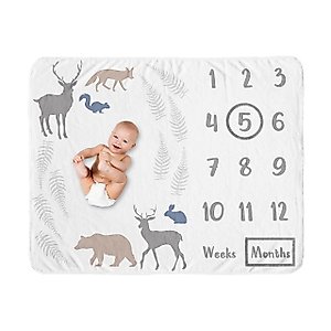 Sweet Jojo Designs Woodland Animals Boy Girl Milestone Blanket Monthly Newborn First Year Growth Mat Baby Shower Memory Keepsake Gift Picture - Blue Grey Tan Forest Bear Deer Fox Bunny Gender Neutral