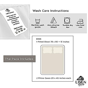 Linen Home 100% Cotton Percale Fitted Sheet Set King Size, Ivory, Deep Pocket, 3 Piece - 1 Deep Pocket Fitted Sheet and 2 Pillowcases, Crisp Cool and Strong Bed Linen