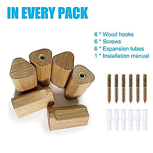 GAUYEBY Wood Wall Hooks 6 Pack, Natural Wooden Rustic Wall Hook, Handmade Coat Hooks Hat Hooks, Modern Decorative Hooks, Heavy Duty Robe Hook for Hanging Bathroom Towels Clothes Hanger (Beech)