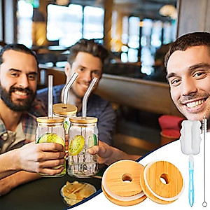 16 oz Beer Glasses Lids with Straw Hole Drinking Glass Cups Anticorrosion Beer Can Cups Lids Bamboo Lids with Brush for 16 oz Canned Beer Glasses Jar Glasses and Cans (12 Pack)