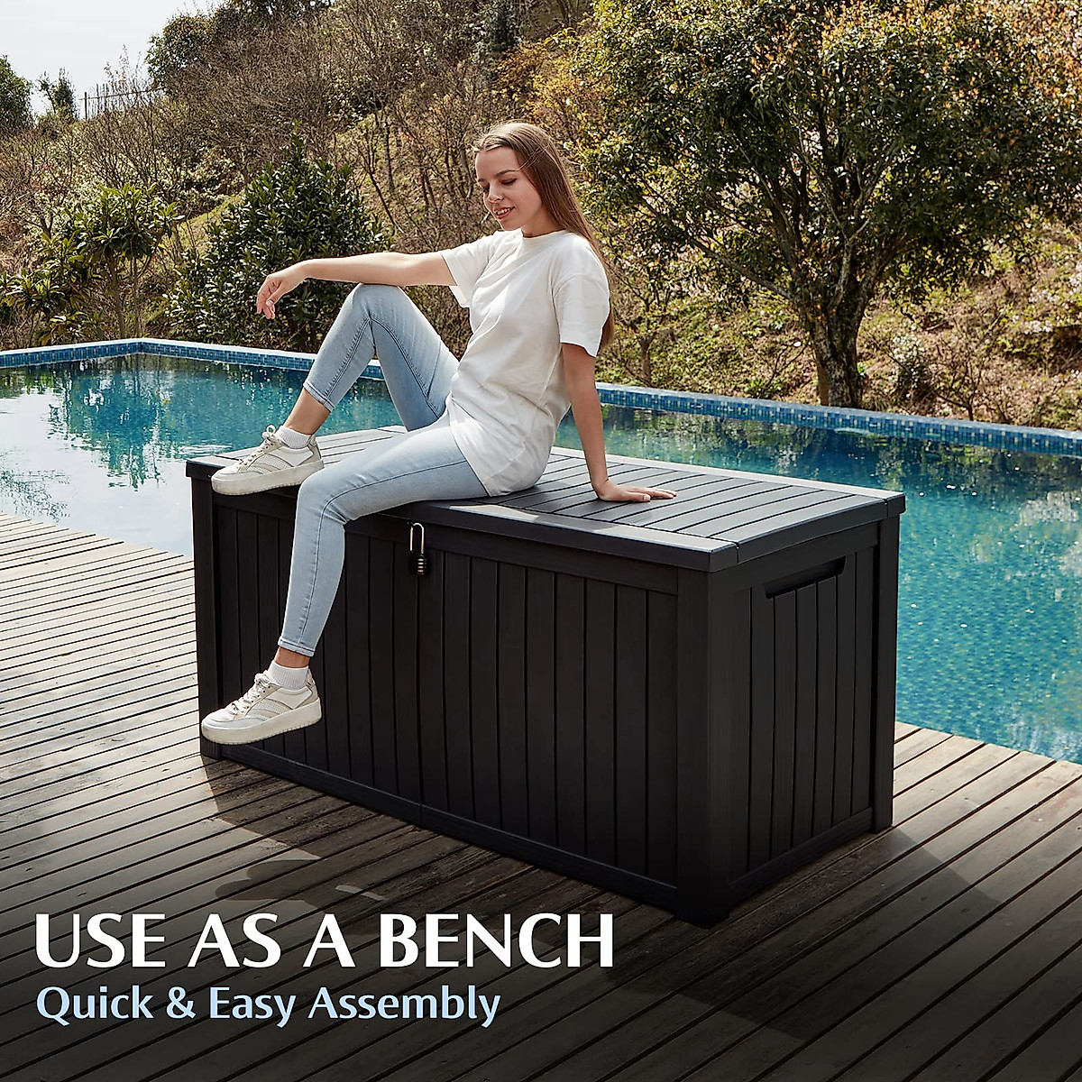 Homguava 160 Gallon Outdoor Storage Box, Waterproof Resin Deck Box, Large Capacity Deck Box Bench, Lockable Outdoor Storage Container for Patio Furniture, Garden Tools, Swimming Equipment, (Black)