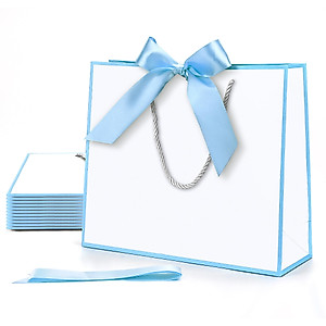 MOXARYSU Gift Bags With Handles: 11.8x4x10 Inch 3pcs Medium Large With Bow Ribbon For Wedding Thanks Bridesmaid Birthday Party (White-Light Blue