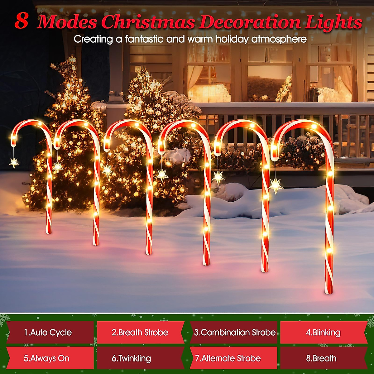 BONLION 24 Pack Christmas Lights Outdoor, 56.5ft Long Solar Candy Cane Lights 8 Modes Christmas Decorations Outside with 144 LED & Bright Star, Waterproof Yard Pathway Outdoor Christmas Decorations