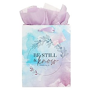 Christian Art Gifts Portrait Gift Bag w/Tag & Tissue Paper Set for Women: Be Still and Know - Psalm 46:10 Inspirational Bible Verse for Birthdays, Graduations, Watercolor Blue & Lilac Purple, Medium