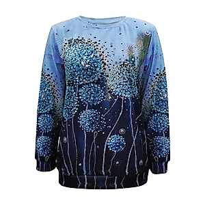 Women's Round Neck Long Sleeve Top Casual Dandelions Print Top Blouse Basic Loose Fit Crew Neck Graphic Tees