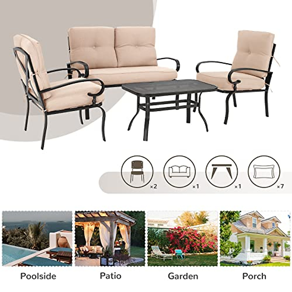 Crownland 4 Pieces Outdoor Furniture Patio Conversation Set (Loveseat, 2 Patio Dining Chairs, Coffee Table), Metal Frame is Suitable for Garden Yard Balcony (Brown)