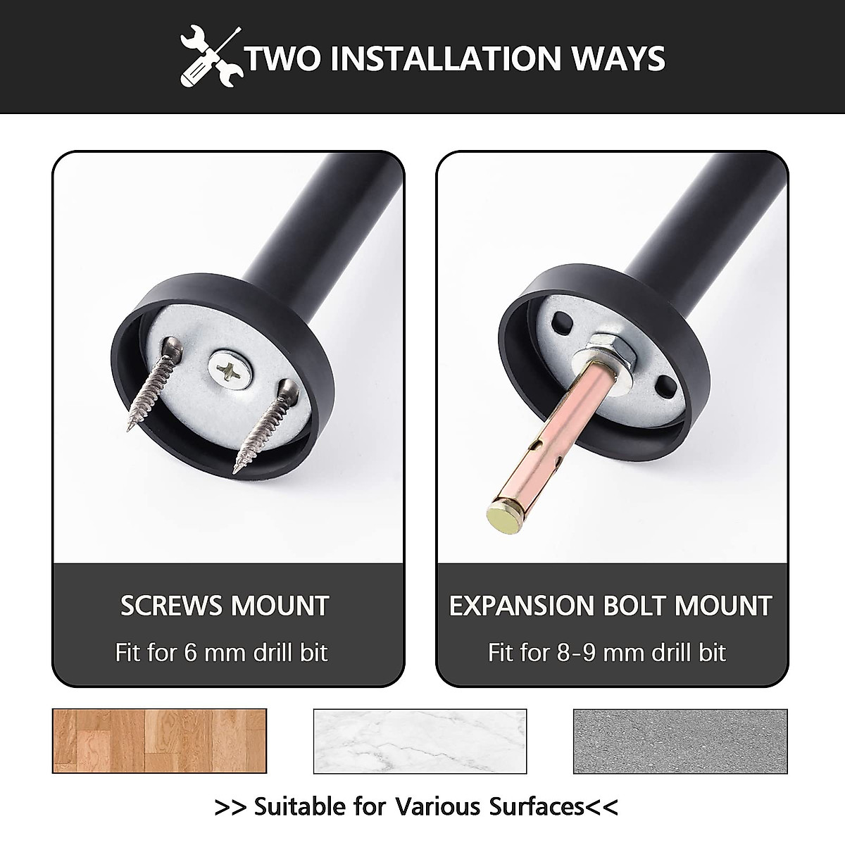 Door Stops, 6 Inch Long Door Stopper, Wall Mount, Heavy Duty Solid Black Doorstop Brushed Stainless Steel with Soft Rubber Bumper Tips