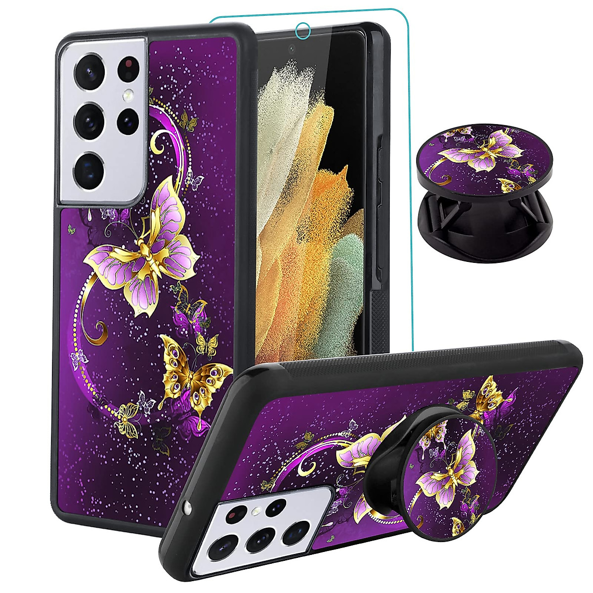 SAKUULO for Samsung Galaxy S21 Ultra Case, [Screen Protector + Kickstand] Purple Butterfly Design,Tire Texture Anti-Slip Shockproof Lightweight Protective Case for Galaxy S21 Ultra 6.8 Inch (2021)