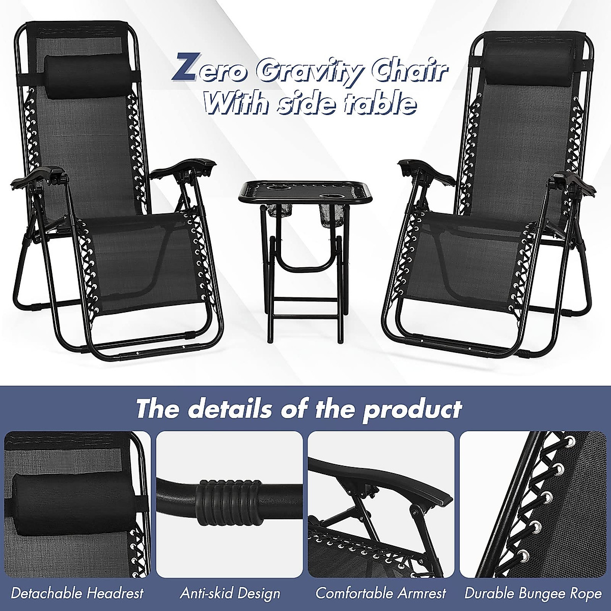 Tangkula 3 Pieces Outdoor Zero Gravity Chair Set, Folding Reclining Lounge Chair with Adjustable Backrest, Head Pillow, Matching Table with Cup Holder, Camping Recliner for Poolside, Yard (Black)