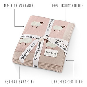 Bleu La La Luxury Knit Baby Receiving Blanket - 100% Cotton Soft Cozy Lightweight Receiving Swaddler Crib Stroller Blanket for Shower Gift Registry for Newborns Infants Toddlers (Sheep - Light Pink)