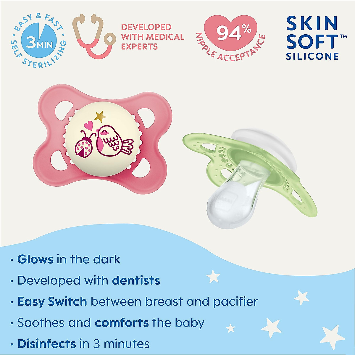 MAM Night Pacifiers (2 Pack, 1 Sterilizing Pacifier Case), MAM Pacifiers 0-6 Months, Best Pacifier for Breastfed Babies, Glow in the Dark Pacifier, Baby Girl Pacifier