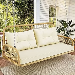 YITAHOME Porch Swing Hanging Wicker Swing Rattan Patio Swing Lounge Swing Chair Hammock Swing Chair Cushions 550lbs for Garden, Patio, Balcony, Living Room, Beige