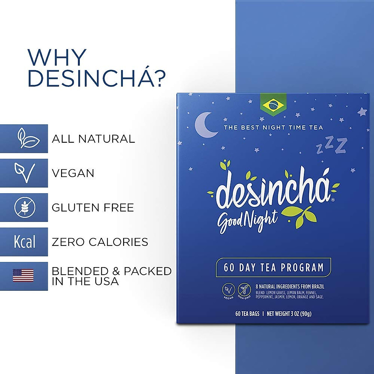 Desincha Nighttime Herbal Tea I Caffeine Free - Herbal Tea I Supports Relaxation & Quality Sleep I Bedtime Tea Made With Natural Ingredients I #1 Tea Brand in Brazil I 60 Day Supply