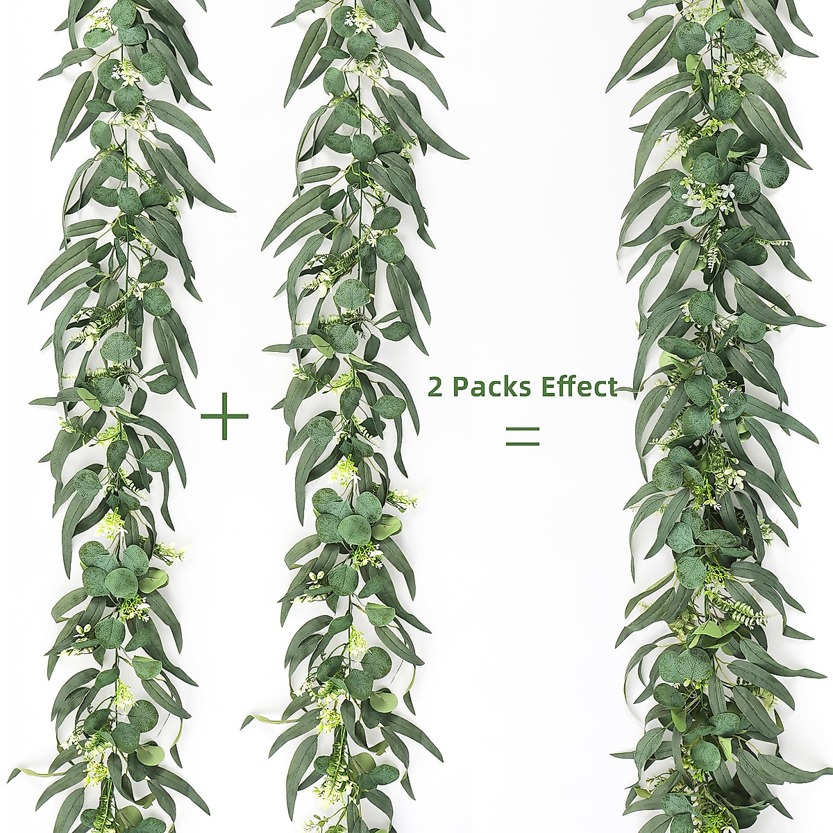 Dremisland Eucalyptus Garland with Long Willow Leaves 2 Packs 5.9Ft Silver Dollar Boston Fern Greenery Garland White Flowers Eucalyptus Vines for Wedding Party Mantle Table Runner Home Decor (4PCS)