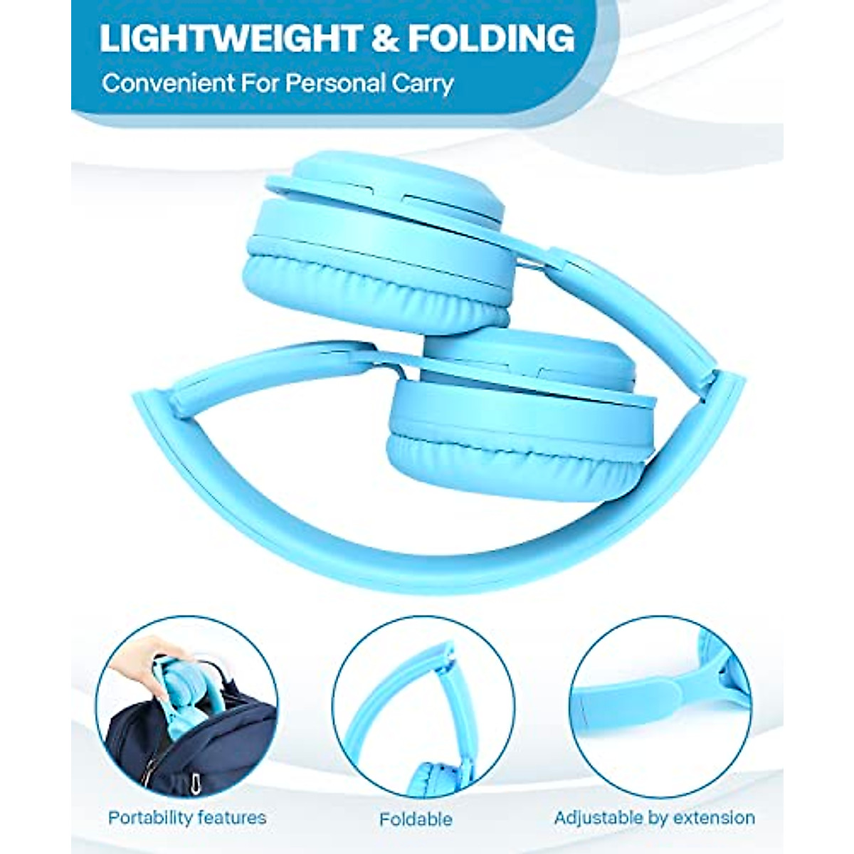 Kids Bluetooth Headphones, Wireless Headphones for Kids with Built-in Microphone, Over Ear Foldable Stereo-Bass Aux 3.5mm Cord, Wireless Bluetooth Headsets for Children Boys Girls School (Blue)