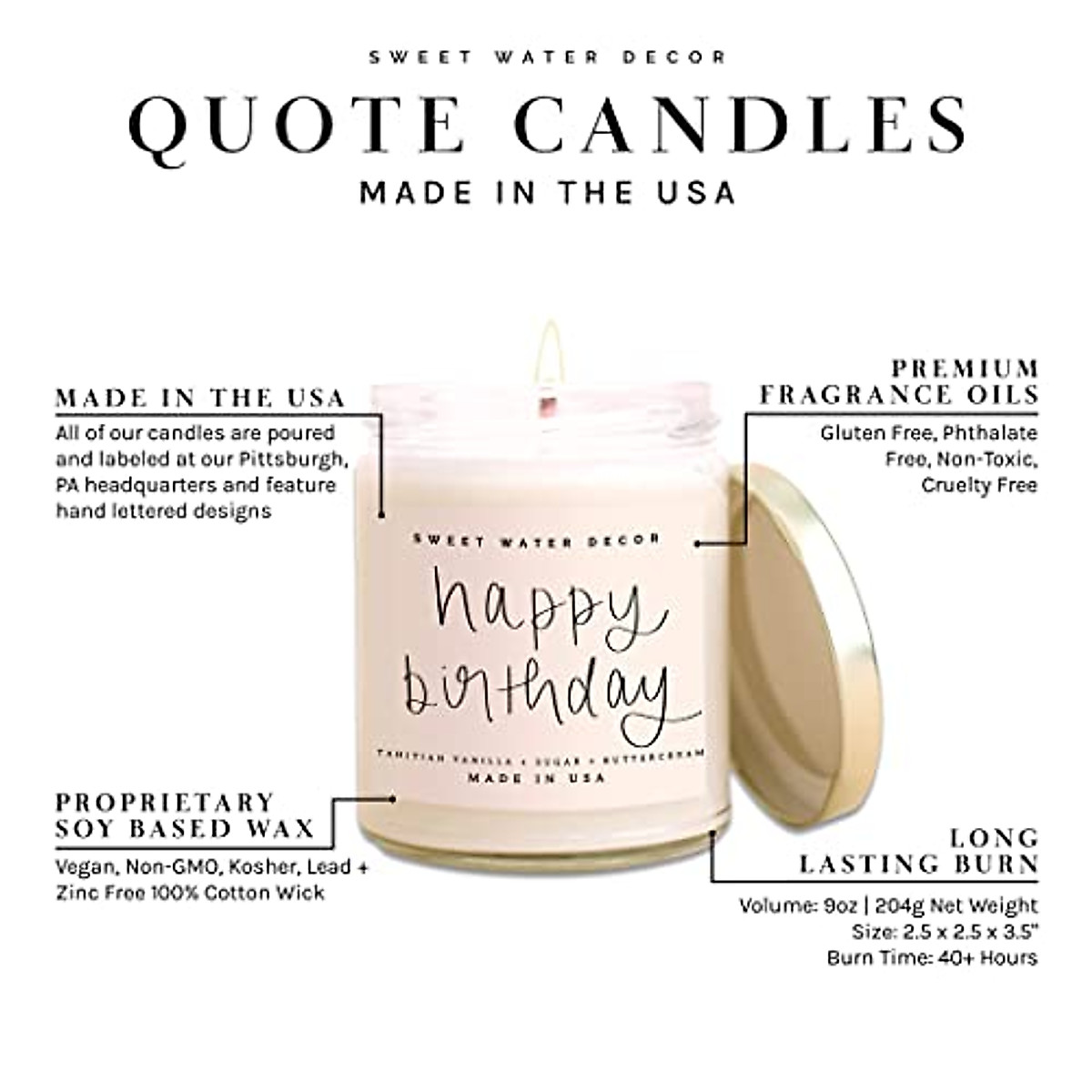 Sweet Water Decor, Happy Birthday, Vanilla, Sugar, and Buttercream, Sweet Scented Soy Wax Candle for Home | 9oz Clear Jar, 40 Hour Burn Time, Made in the USA