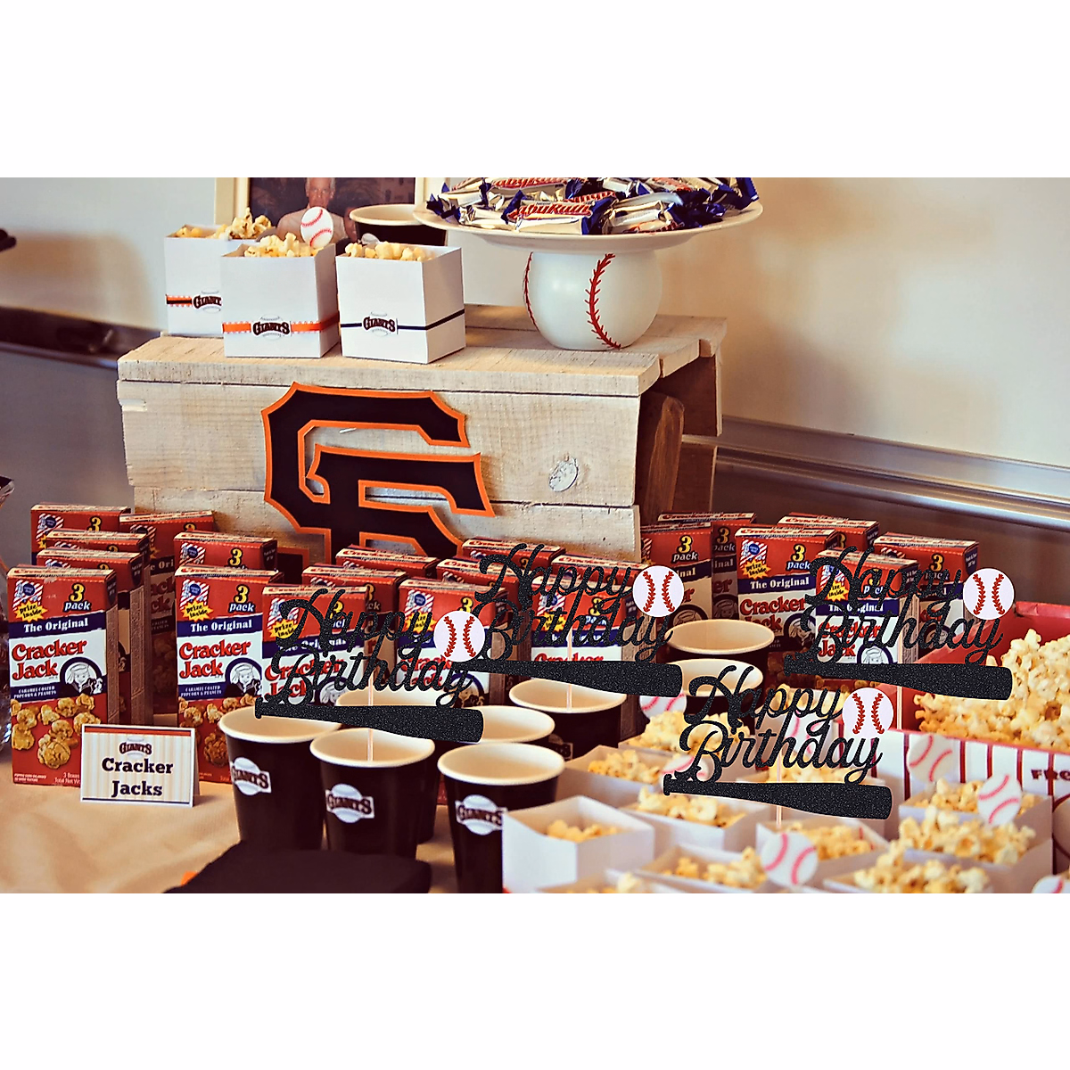 AHAORAY Baseball Happy Birthday Cake Topper - Black Glitter Baseball Party Decorations Supplies, Perfect for Birthday/Baseball Theme Party, Photo Booth Props