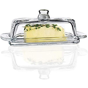 Friwer Glass Butter Butter Dish with Handled Lid, Traditional Kitchen Accessory, Crystal clear rectangular 7.7""x 3.7, Clear" Dishwasher Safe