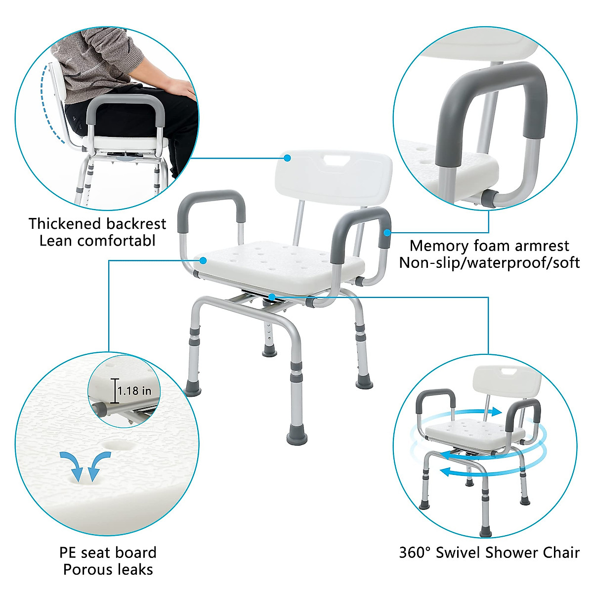 KUNTOM Swivel Shower Chair Bath Chair Height Adjustable with Arms and Back, Aluminum Alloy Frame with Locking Mechanism White