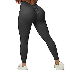 FITTOO V-Back Scrunch Butt Lift Leggings for Women High Waist Tummy Control Booty Gym Workout Yoga Pants Black Large
