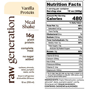 Raw Generation 18-Pack Meal Replacement Shakes - Organic Plant Based Protein Drinks/No Added Sugar/High-Protein, Gluten-Free, Vegan, Non-GMO/Essential Vitamins & Minerals/Just 5 Ingredients