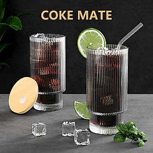 CWHHRN 16OZ Glass Cups with Lids and Straws, Vintage Ribbed Glassware for Whiskey Cocktail Beer, Iced Coffee Cups with Lid, Glass Tumbler with Straw and Lid (2 PACK)