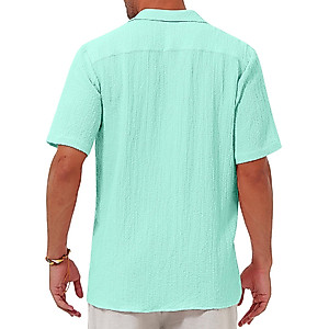 Alimens & Gentle Men's Seersucker Hawaiian Shirts Casual Short Sleeve Button Down Shirt for Men Summer Beach Shirt(Mint Green, Large)
