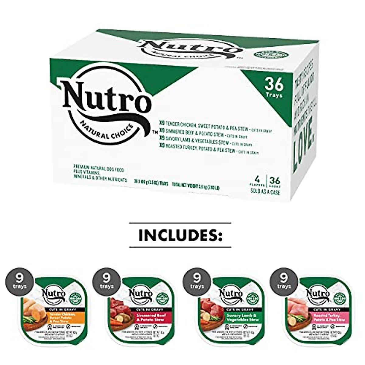 NUTRO Natural Grain Free Adult Dog Wet Food Cuts in Gravy Variety Pack of Beef, Lamb, Chicken, and Turkey Recipes, 3.5 oz. Trays (Pack of 36)