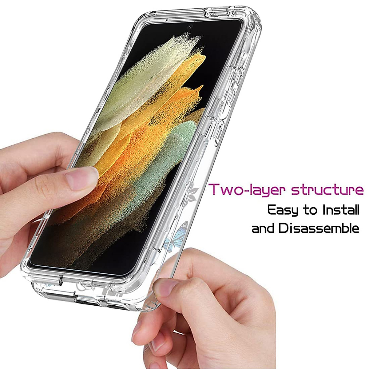 Vavies Case for Galaxy S21 Ultra 5G Case, SM-G998U Case with Tempered Glass Screen Protector, Full Body Clear with Floral Protection Phone Cover Cases for Samsung Galaxy S21 Ultra 5G (Butterfly Tree)