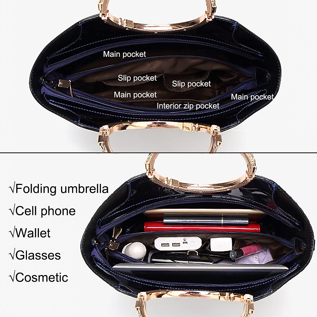 XingChen Glossy Faux Patent Leather Shoulder Handbag Women Evening Party Satchel Flower Pendant Top Handle Tote Purses Wine