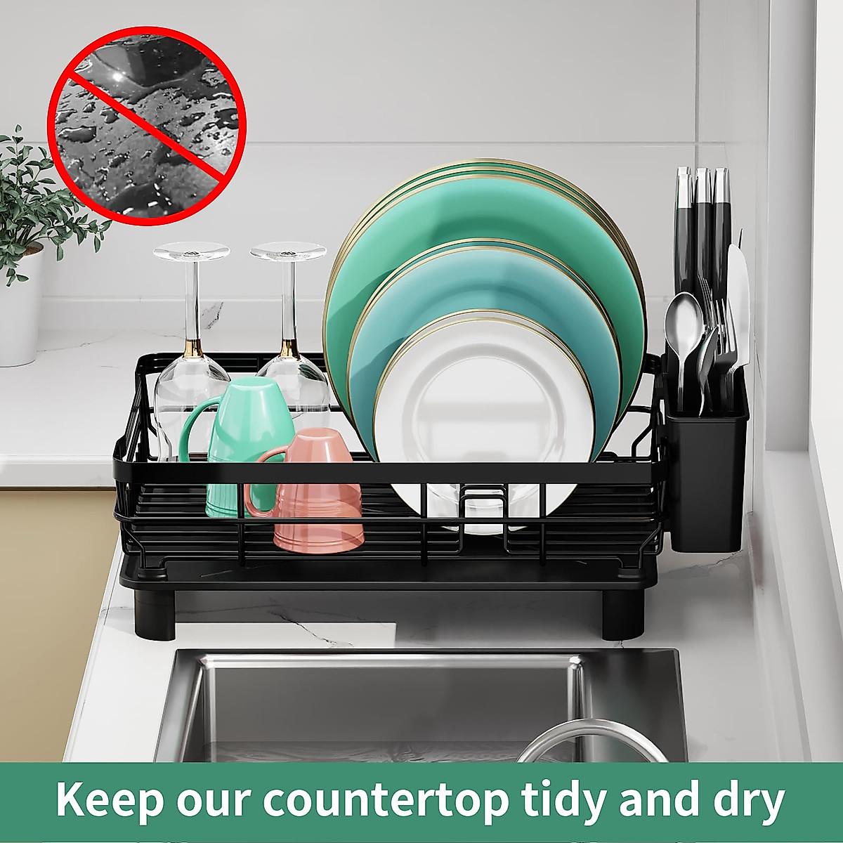 MOUKABAL Dish Drying Rack, Dish Rack,Dish Racks for Kitchen Counter,Dish Drainer with Removable Utensil Holder,Dish Drying Rack with Drainboard and Swivel Spout(Black)