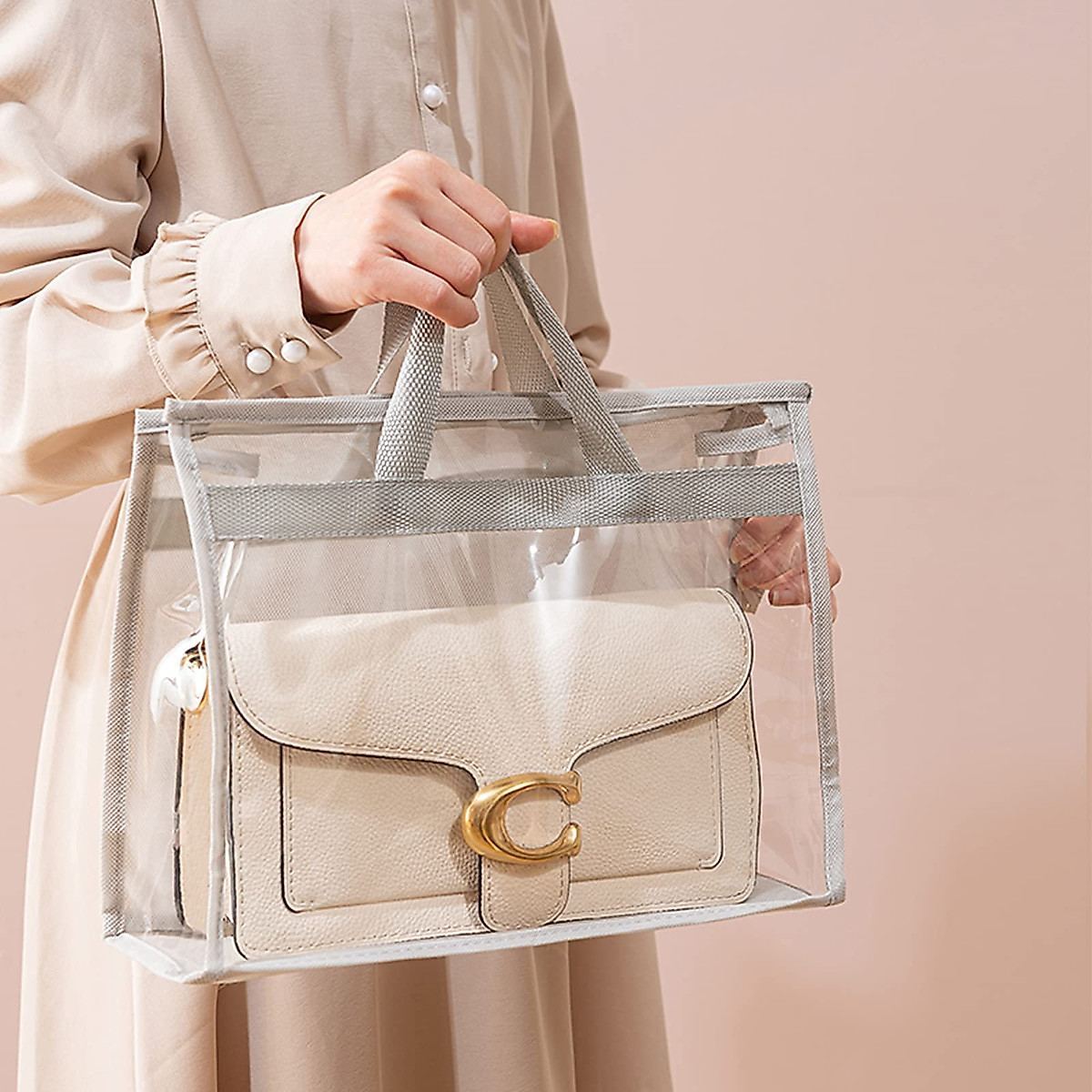 QEQRUG Handbag Storage Bags, 3 Pcs Dust Cover Bag for Hanging Closet, Transparent Purse Storage Organizer Bag with Zipper and Handle for Handbags Anti-dust (Grey)