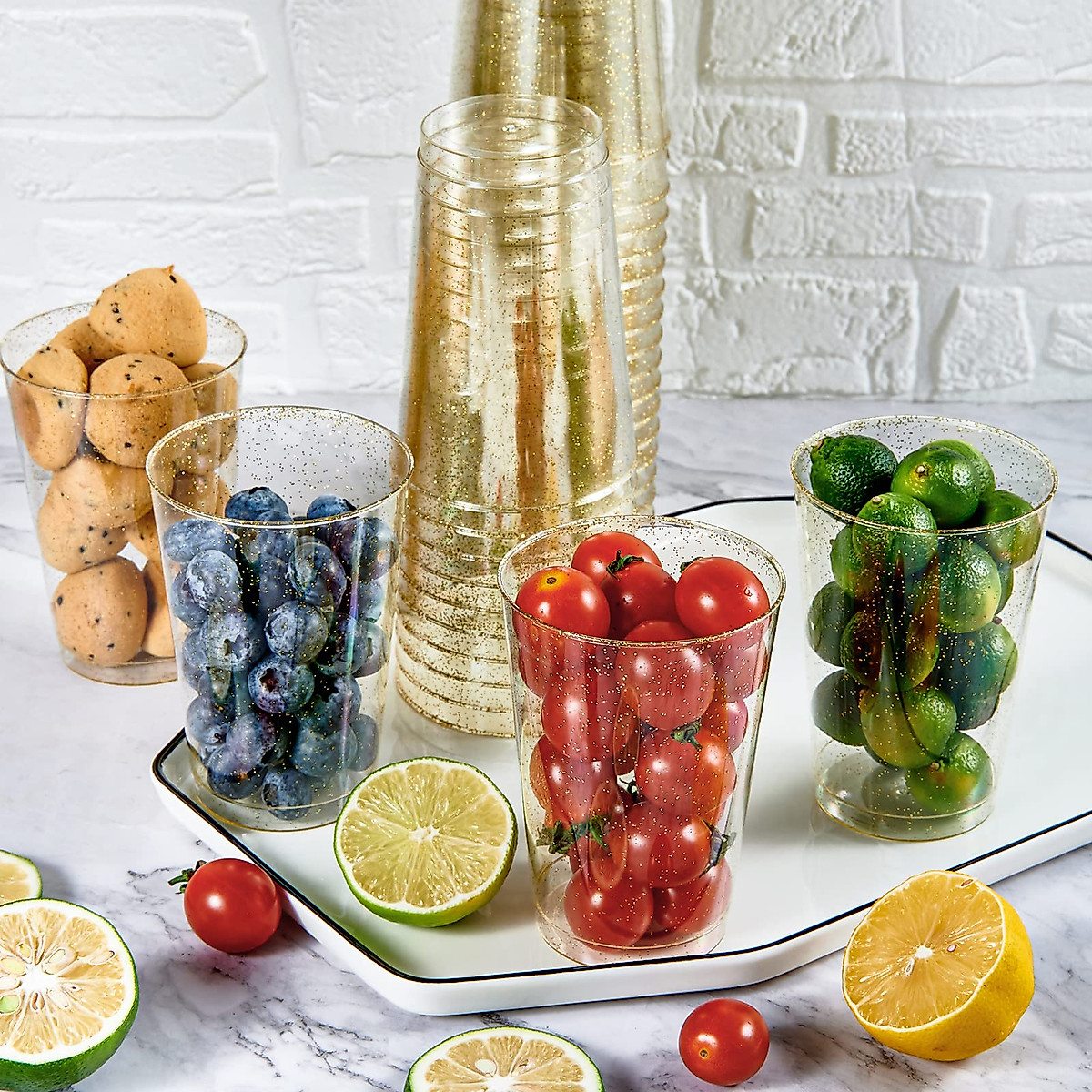 JOLLY CHEF 100 Pack 12 oz Gold Plastic Cups, Disposable Gold Cups,Heavy-duty Clear Plastic Tumblers, Gold Glitter Cups, Disposable Cups for Wedding, Thanksgiving, Christmas Party
