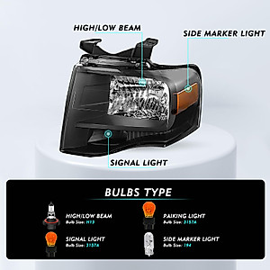 TUSDAR Headlights Assembly Set with Bulbs for 2007-2014 Ford Expedition Driver & Passenger Side (Black Housing with Amber Reflector)