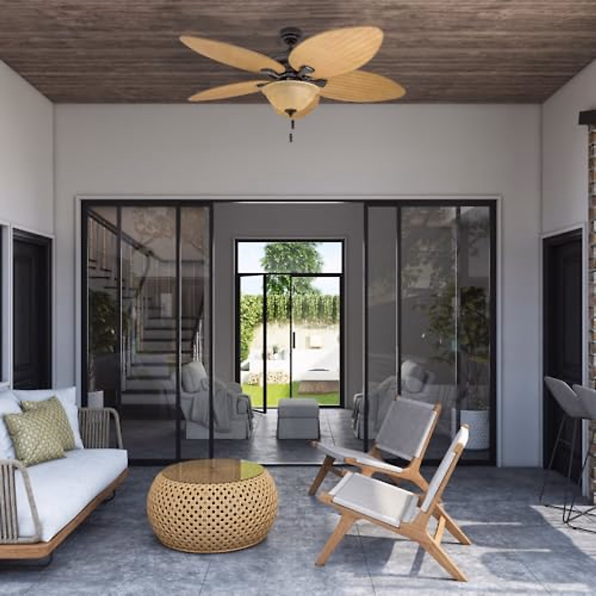 Honeywell Ceiling Fans Palm Valley, 52 Inch Tropical Indoor Outdoor Ceiling Fan with Light, Pull Chain, Three Mounting Options, 5 Palm Leaf Blades, Reversible Motor - 50507-01 (Bronze)