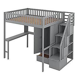 Harper & Bright Designs Full Size Loft Bed with Desk, Wood Loft Bed Frame with Wardrobe, Bookshelf and Drawers, Gray
