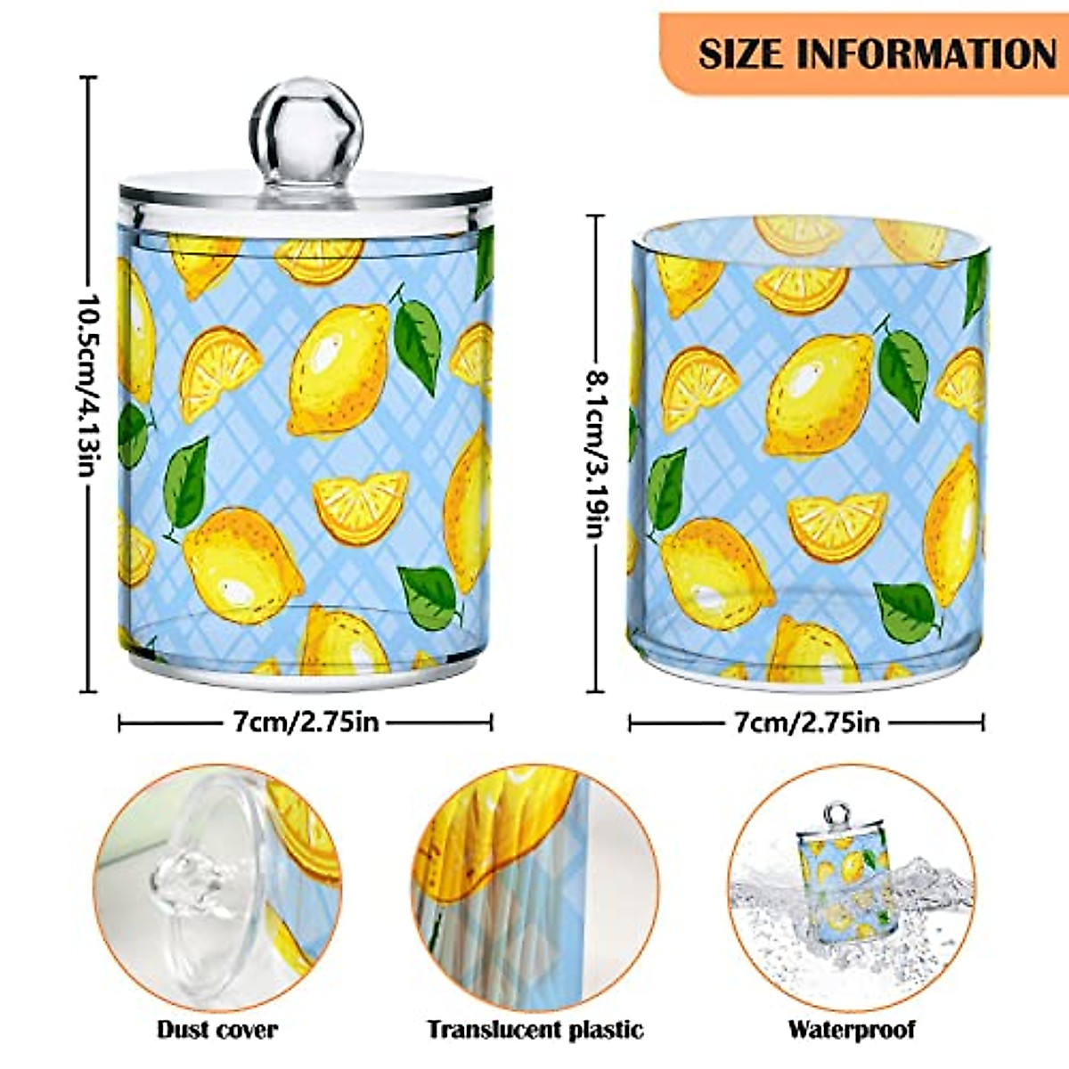 Plastic Jars with Lids,Yellow Lemons Blue Checkered Bulk Pack Storage Containers Wide Mouth Airtight Canister Jar for Kitchen Bathroom Farmhouse Makeup Countertop Household,Set 2