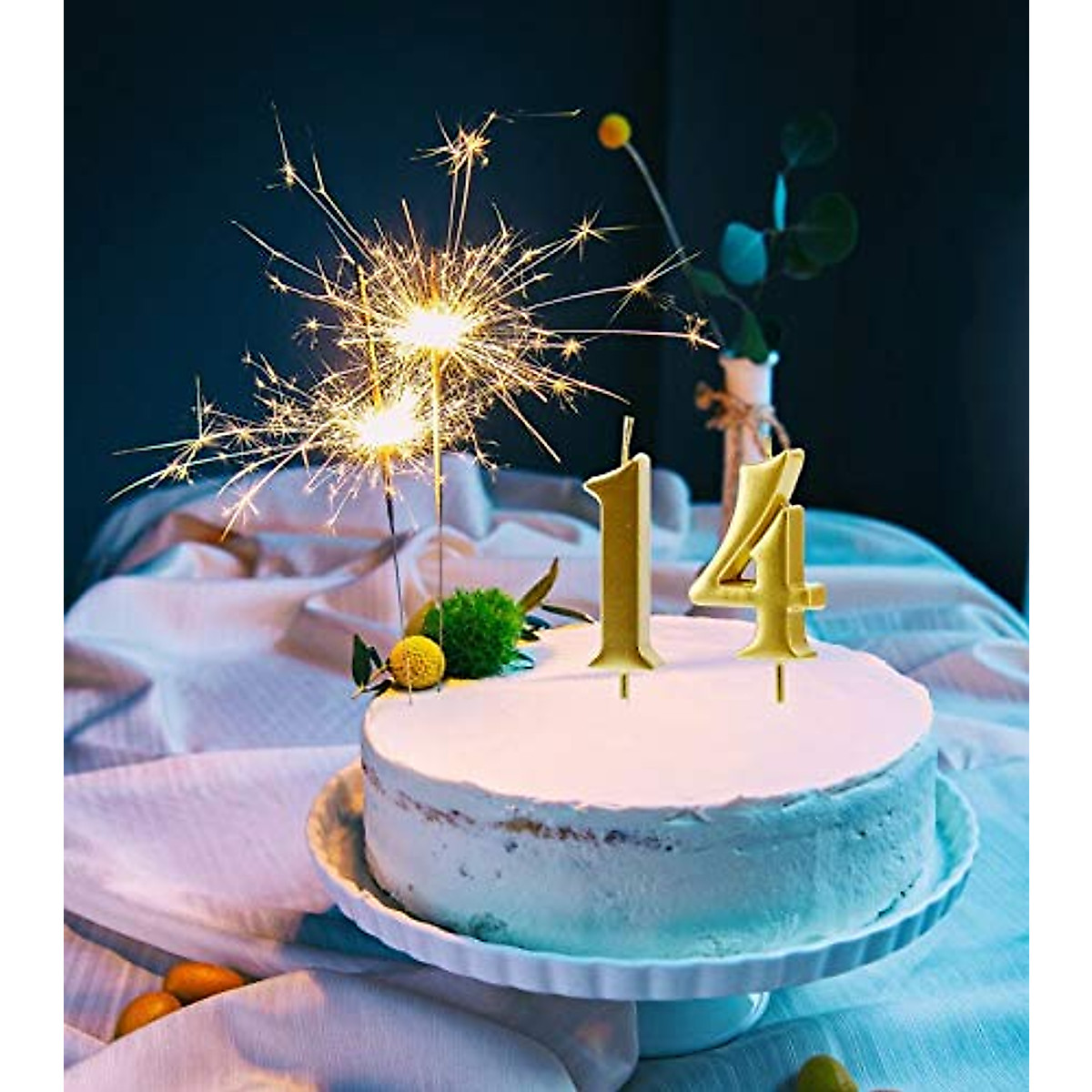 Bailym Gold 14th Birthday Candles, Number 14 Cake Topper for Birthday Decorations